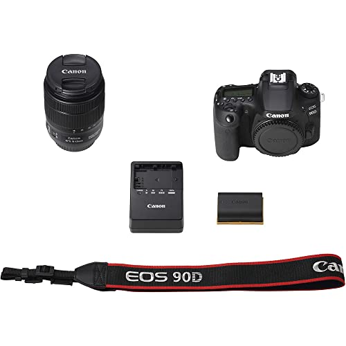 Canon EOS 90D DSLR Camera with 18-135mm Lens (3616C016), 4K Monitor, Pro Headphones, Pro Mic, 2 x 64GB Card, Case, Corel Photo Software, Pro Tripod, 3 x LPE6 Battery + More (Renewed)