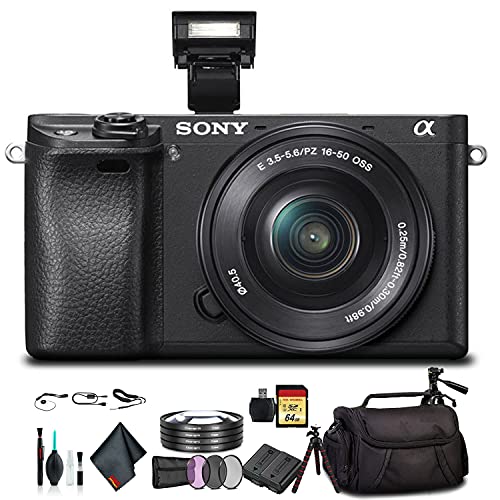 Sony Alpha a6300 Mirrorless Camera with 16-50mm Lens Black ILCE6300L/B with Soft Bag, Lens Filters, Tripod, Additional Battery, 64GB Memory Card, Card Reader, Plus Essential Accessories
