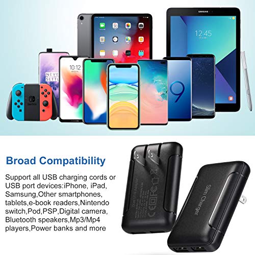 USB Wall Charger, Pofesun Dual Port USB Slim Charging Block Power Adapter with Foldable Plug Compatible for iPhone Xs/XS Max/XR/X/8 Plus/7/6S Plus,iPad,Samsung Galaxy,HTC,Moto,LG, Nexus and More-Black