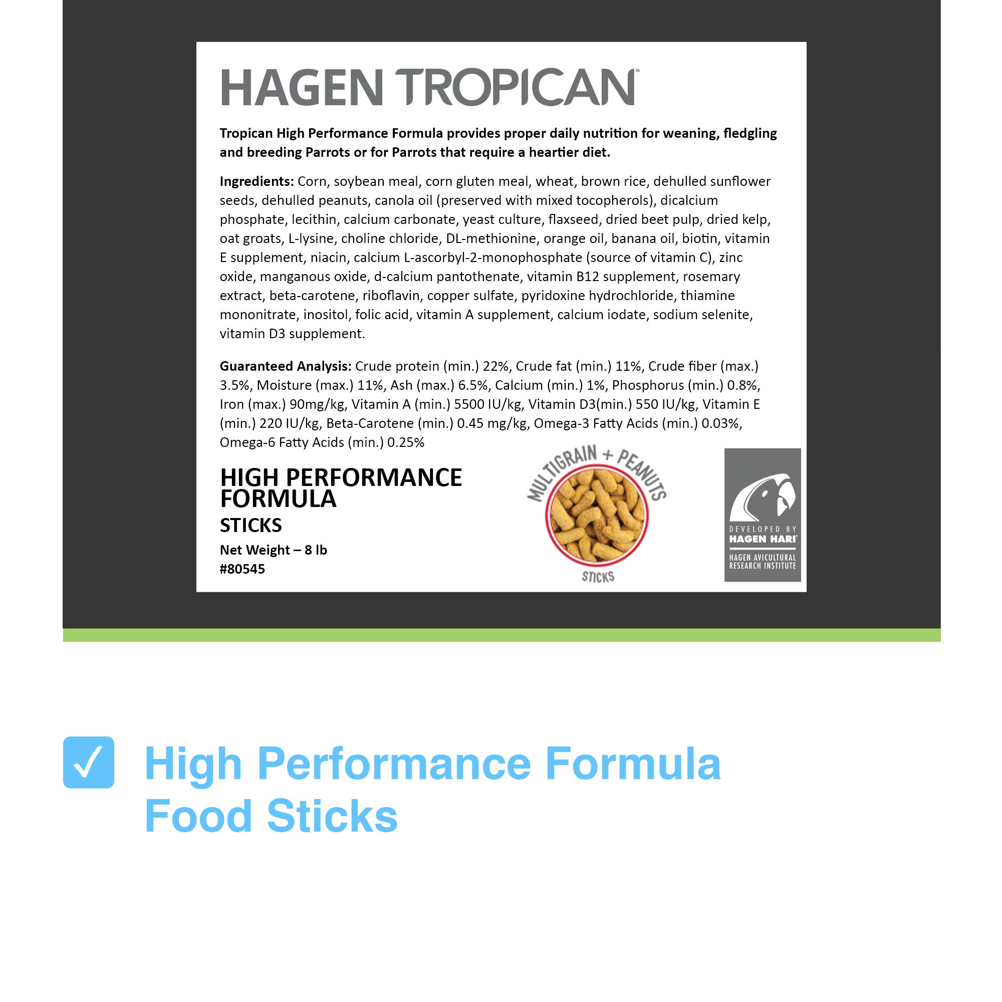 Hari Tropican Bird Food, Hagen Parrot Food Sticks with Peanuts & Sunflower Seeds, High Performance Formula, 8 lb Bag