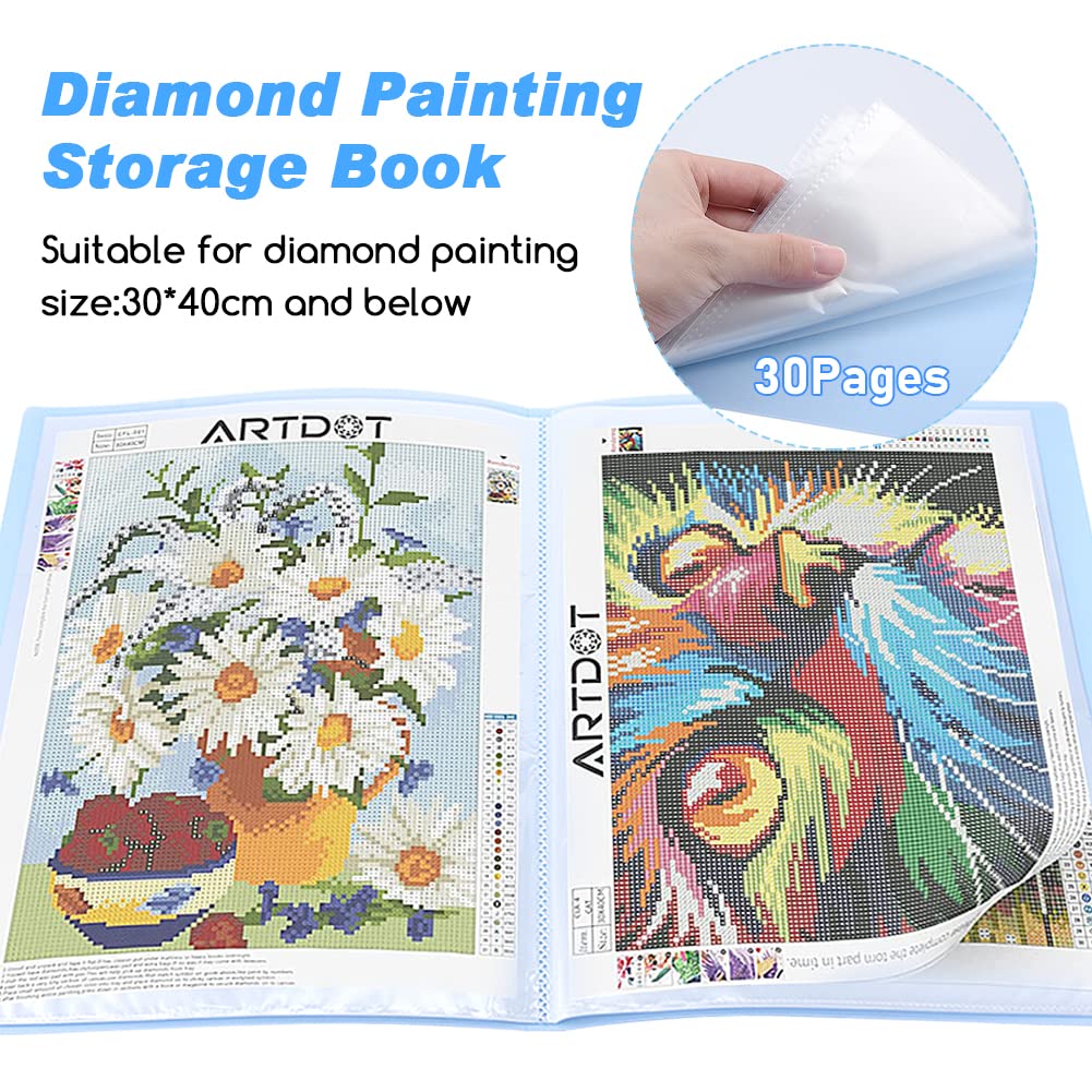 A3 Diamond Painting Storage Book for Diamond Painting Kits Diamond Art Storage Presentation Book Diamond Art Portfolio Folder with 30 Pocket Slevees Protectors(Blue)
