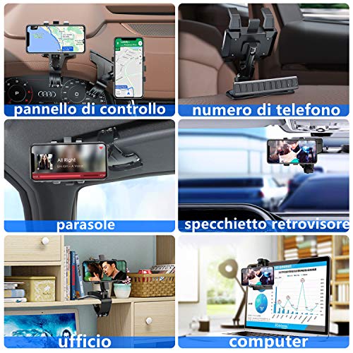 DMJWAN Car Phone Holder, Multifunction Car Dashboard Holder Rearview Mirror with 360 ° Adjustable Spring Clip, Suitable for 3 to 7 Inch Smartphones