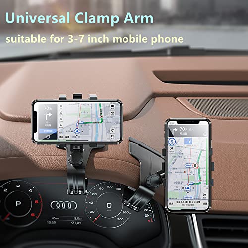 DMJWAN Car Phone Holder, Multifunction Car Dashboard Holder Rearview Mirror with 360 ° Adjustable Spring Clip, Suitable for 3 to 7 Inch Smartphones