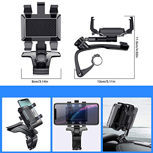 DMJWAN Car Phone Holder, Multifunction Car Dashboard Holder Rearview Mirror with 360 ° Adjustable Spring Clip, Suitable for 3 to 7 Inch Smartphones