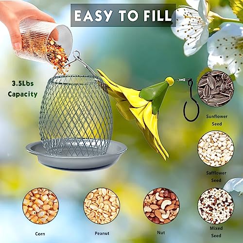 Hummingbird Feeder for Outdoors Hanging, Hanging & Window Two-Mode Horizontal Hummingbird Feeder Tube, with Perch for Standing and Drinking, 12 Feeding Ports, Leak & Bee Proof (Flower Bird Feeder)