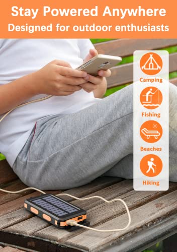 Solar Charger 20000mAh Power Bank Portable Solar Phone Charger, Camping Waterproof External Battery Charger for Cell Phone, 2 USB/LED Flashlight with Compass for Outdoor Activities