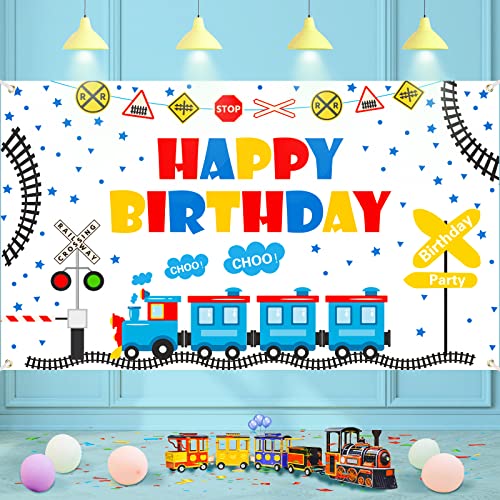 Train Theme Happy Birthday Banner Backdrop Train Party Decorations for Boy Girl Kid Train Birthday Party Supplies Railroad Train Crossing Themed Party Backdrop Background Decorations 71 x 44 Inch