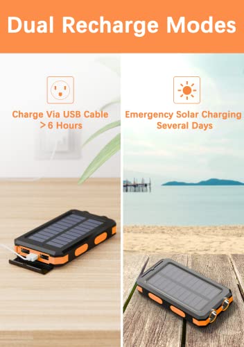 Solar Charger 20000mAh Power Bank Portable Solar Phone Charger, Camping Waterproof External Battery Charger for Cell Phone, 2 USB/LED Flashlight with Compass for Outdoor Activities