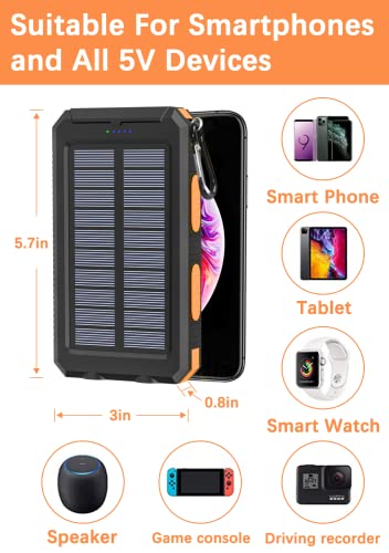 Solar Charger 20000mAh Power Bank Portable Solar Phone Charger, Camping Waterproof External Battery Charger for Cell Phone, 2 USB/LED Flashlight with Compass for Outdoor Activities