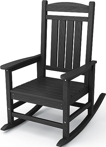 KINGYES Outdoor Rocking Chairs, HDPE All-Weather Patio Rocking Chairs High Back Porch Rocker for Adult, Black