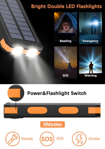 Solar Charger 20000mAh Power Bank Portable Solar Phone Charger, Camping Waterproof External Battery Charger for Cell Phone, 2 USB/LED Flashlight with Compass for Outdoor Activities