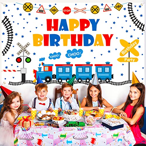 Train Theme Happy Birthday Banner Backdrop Train Party Decorations for Boy Girl Kid Train Birthday Party Supplies Railroad Train Crossing Themed Party Backdrop Background Decorations 71 x 44 Inch