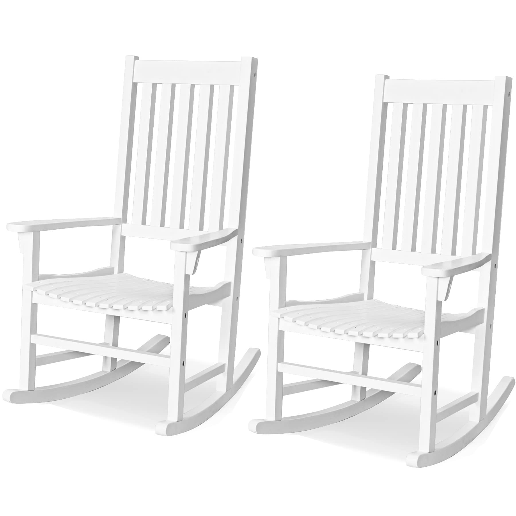Tangkula Acacia Wood Porch Rocking Chair Set, Wooden Rocking Chair Rocker with High Back & Armrest for Indoor Outdoor Use, Patio Rocker for Garden Lawn Balcony Backyard Poolside (2, White)