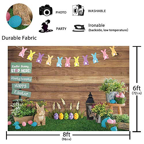 Funnytree 8x6ft Durable Fabric Spring Happy Easter Photography Backdrop No Wrinkles Rustic Wooden Wall Background Bunny Rabbit Eggs Grass Floral Baby Kids Portrait Party Decor Banner Photo Booth