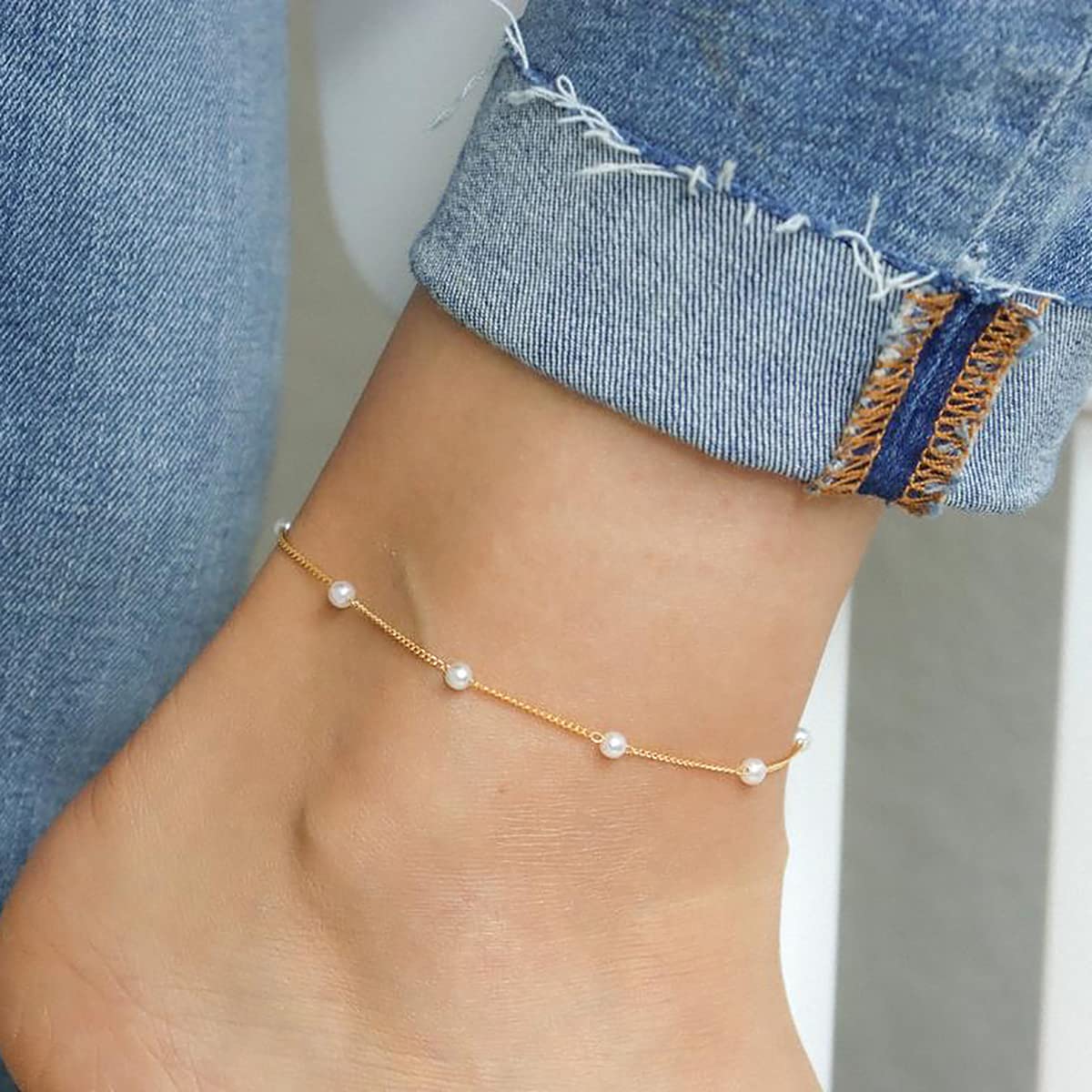 Tasiso 14K Gold Plated Handmade Pearl Anklet Dainty Minimalist Pearl Chain Ankle Bracelets Waterproof Boho Summer Jewelry 8.3"