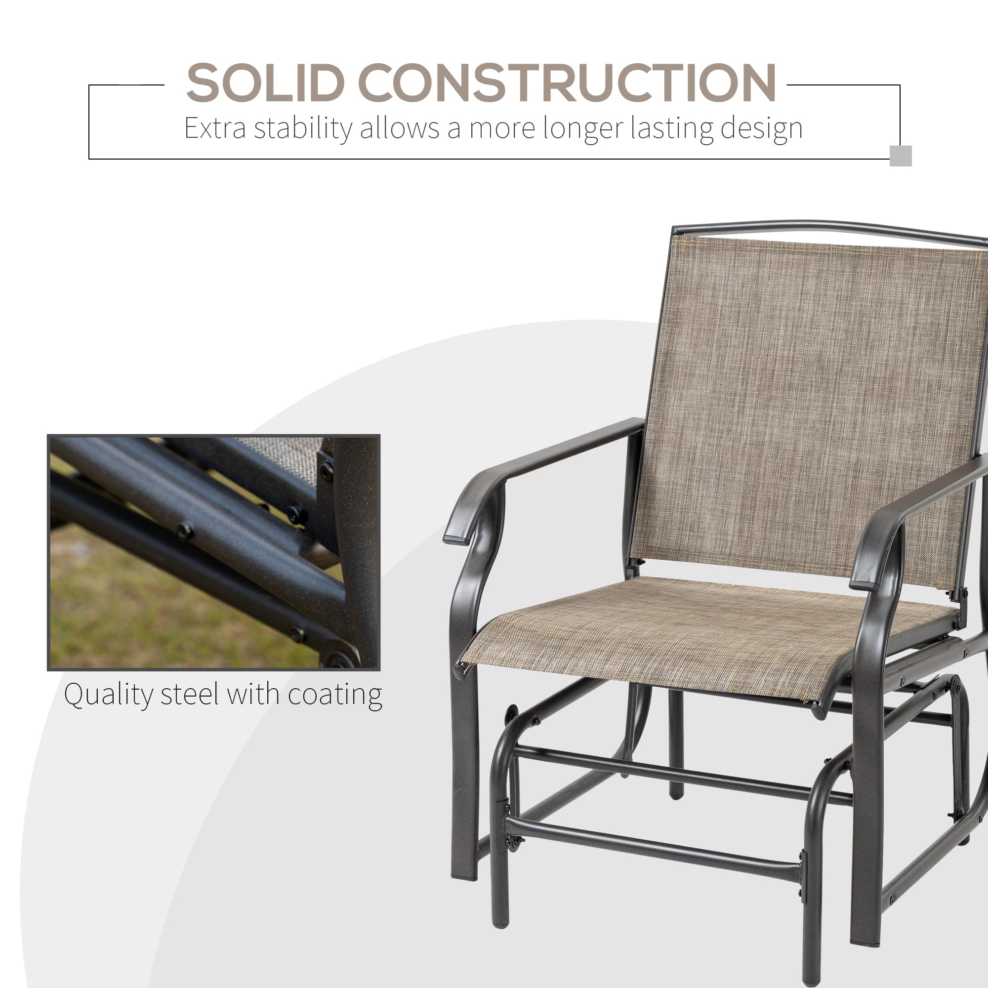 Outsunny 2 Piece Glider Set, Outdoor Swing Chairs, Patio Rocking Armchairs with Breathable Mesh Fabric, Steel Frame for Garden, Backyard, Patio, Dark, Brown/Khaki