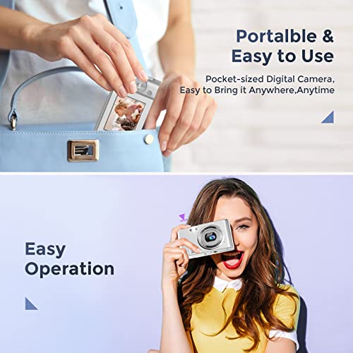 TOBERTO HD 1080P Digital Camera, 36MP 16X Digital Zoom Vlogging Mini Camera with LCD, Digital Point and Shoot Camera Video Camera, for Kids Students Beginners Beauty Face (Silver)