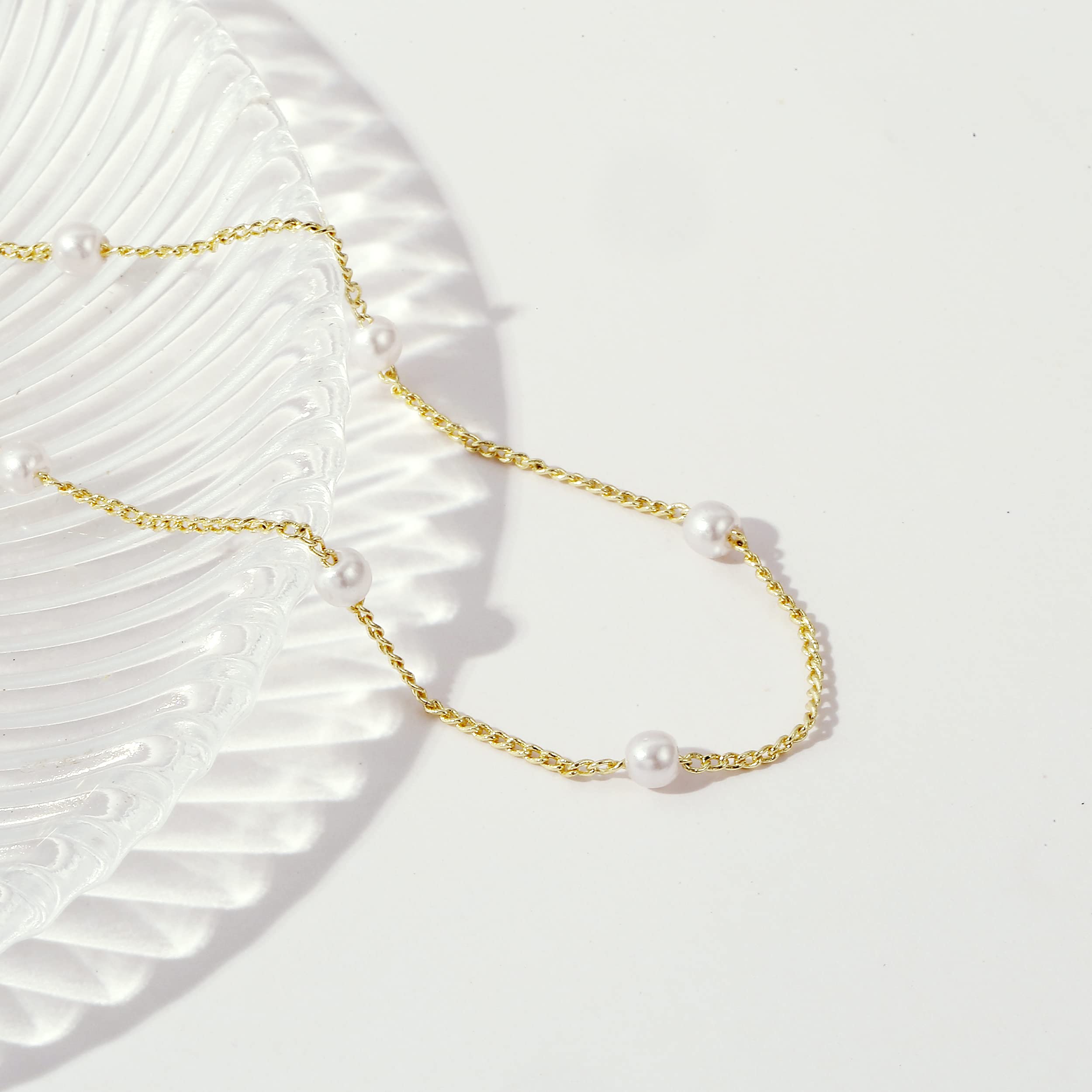 Tasiso 14K Gold Plated Handmade Pearl Anklet Dainty Minimalist Pearl Chain Ankle Bracelets Waterproof Boho Summer Jewelry 8.3"