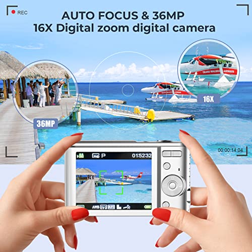 TOBERTO HD 1080P Digital Camera, 36MP 16X Digital Zoom Vlogging Mini Camera with LCD, Digital Point and Shoot Camera Video Camera, for Kids Students Beginners Beauty Face (Silver)