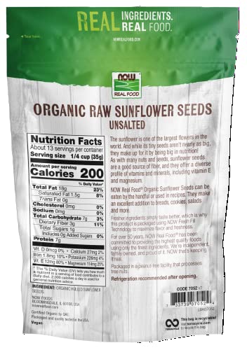 NOW Foods, Certified Organic Sunflower Seeds, Raw and Unsalted, Source of Fiber and Vitamin E, Hulled for Great Taste, Certified Non-GMO, 16-Ounce (Packaging May Vary)