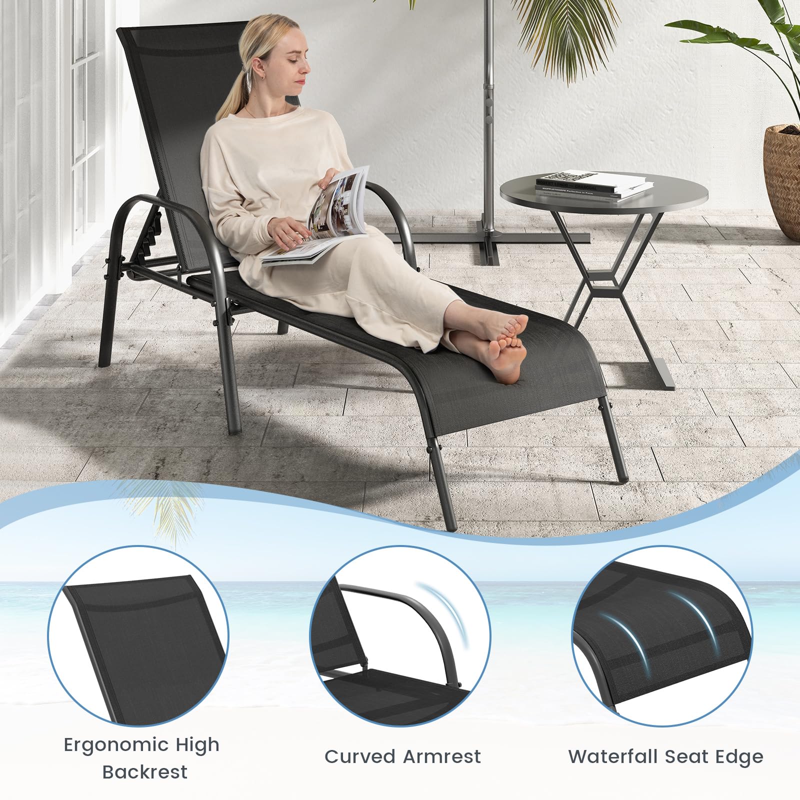 Giantex 2 Pack Patio Lounge Chair, Outdoor Chaise Lounge with 5 Adjustable Backrest, Sturdy Steel Frame, Sunbathing Recliner, Beach Chair, Tanning Chair for Outside, Yard, Balcony, Pool Chairs, Black