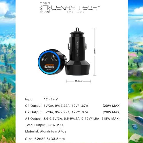 USB C Car Charger Fast Charging - LEXAA TECH 58W USB Car Charger Adapter Dual Port PD&QC 3.0 Compatible with iPhone 14 13 12 Pro Max X XR XS 8 Samsung Galaxy Note 20/10 S23/22/21 Google Pixel