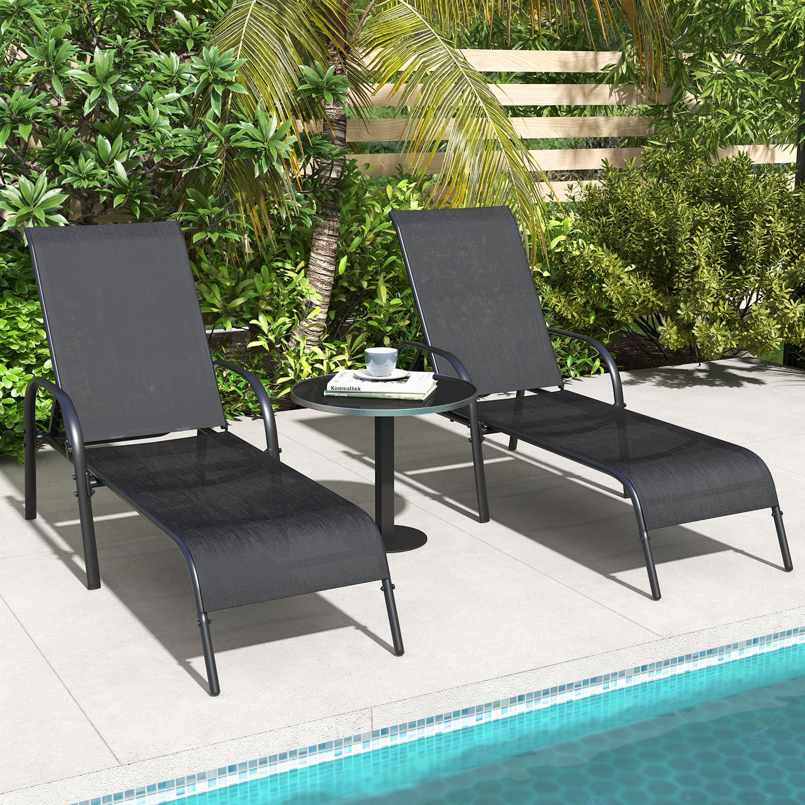 Giantex 2 Pack Patio Lounge Chair, Outdoor Chaise Lounge with 5 Adjustable Backrest, Sturdy Steel Frame, Sunbathing Recliner, Beach Chair, Tanning Chair for Outside, Yard, Balcony, Pool Chairs, Black