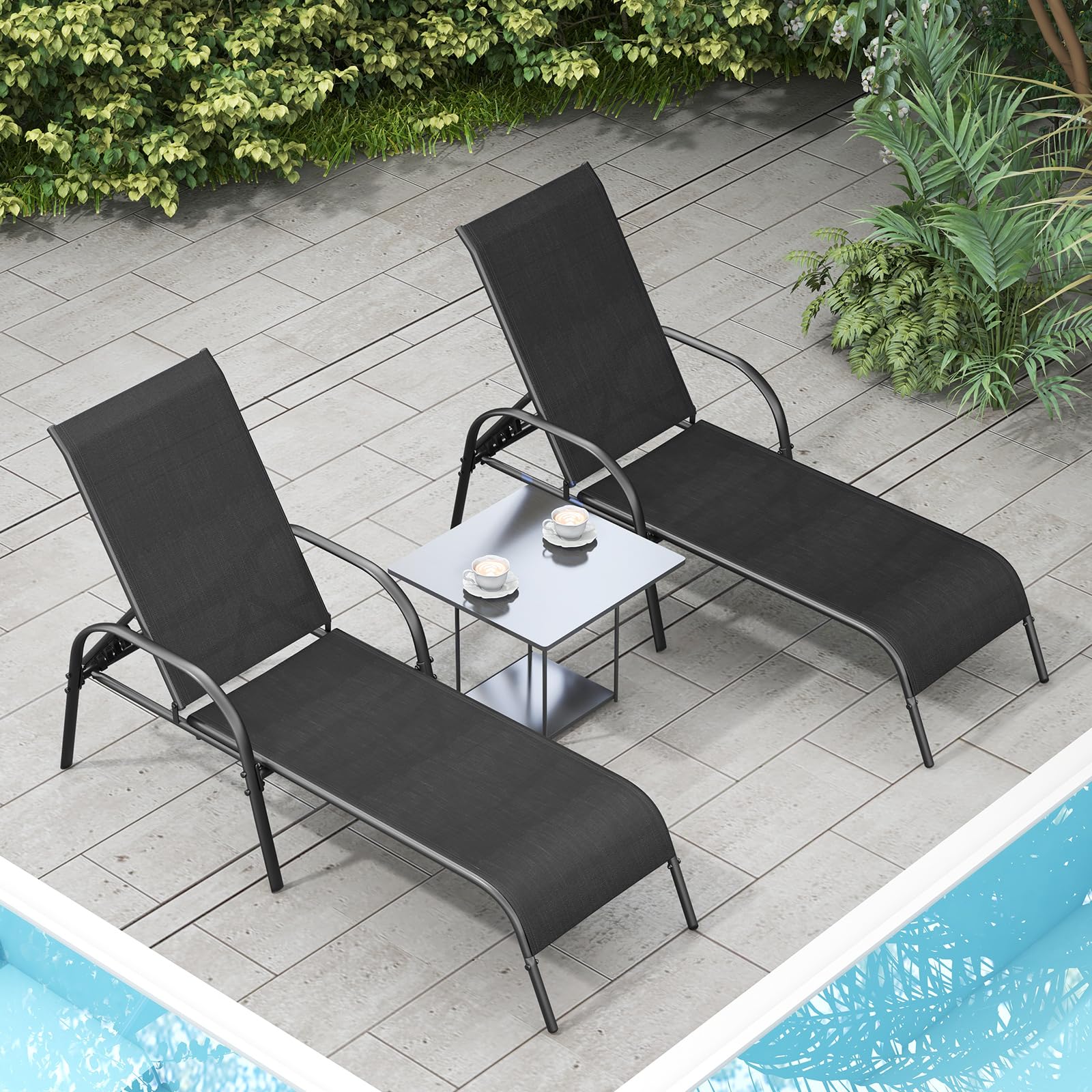 Giantex 2 Pack Patio Lounge Chair, Outdoor Chaise Lounge with 5 Adjustable Backrest, Sturdy Steel Frame, Sunbathing Recliner, Beach Chair, Tanning Chair for Outside, Yard, Balcony, Pool Chairs, Black