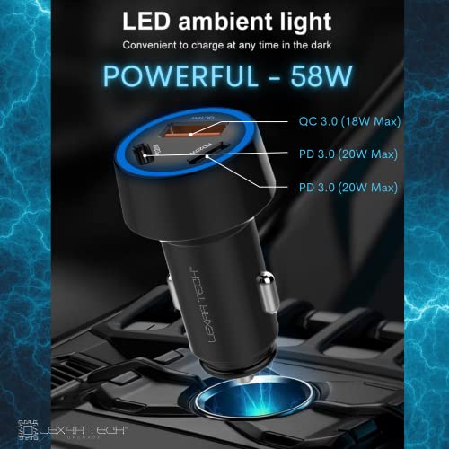 USB C Car Charger Fast Charging - LEXAA TECH 58W USB Car Charger Adapter Dual Port PD&QC 3.0 Compatible with iPhone 14 13 12 Pro Max X XR XS 8 Samsung Galaxy Note 20/10 S23/22/21 Google Pixel