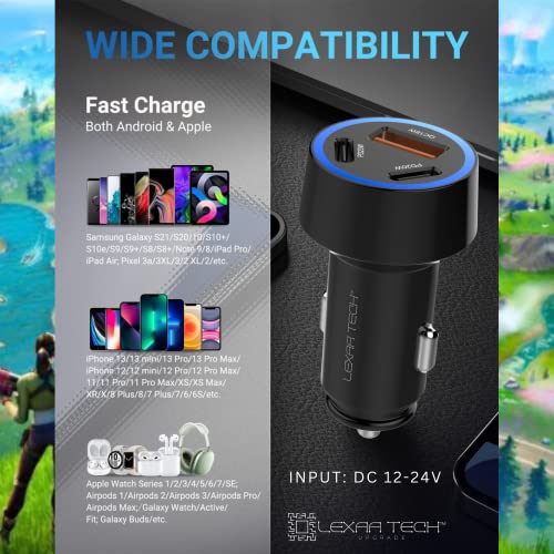 USB C Car Charger Fast Charging - LEXAA TECH 58W USB Car Charger Adapter Dual Port PD&QC 3.0 Compatible with iPhone 14 13 12 Pro Max X XR XS 8 Samsung Galaxy Note 20/10 S23/22/21 Google Pixel