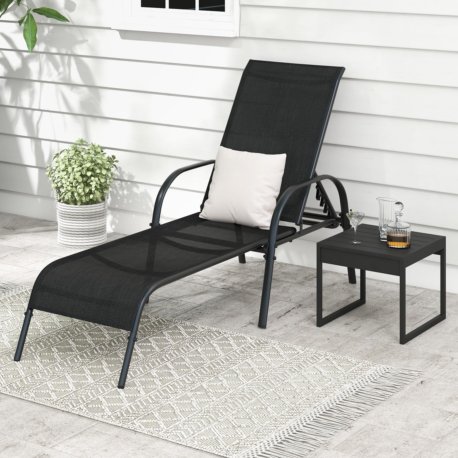 Giantex 2 Pack Patio Lounge Chair, Outdoor Chaise Lounge with 5 Adjustable Backrest, Sturdy Steel Frame, Sunbathing Recliner, Beach Chair, Tanning Chair for Outside, Yard, Balcony, Pool Chairs, Black