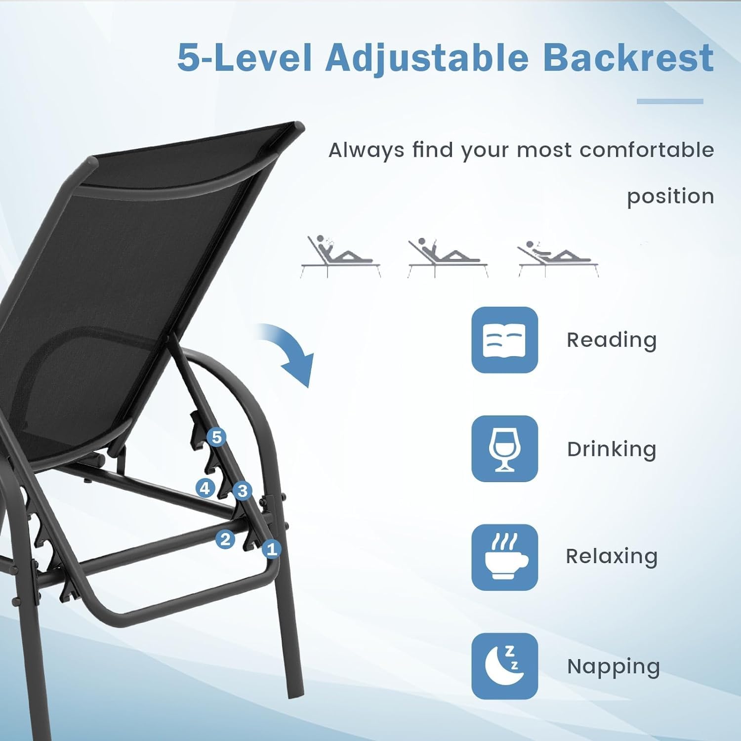 Giantex 2 Pack Patio Lounge Chair, Outdoor Chaise Lounge with 5 Adjustable Backrest, Sturdy Steel Frame, Sunbathing Recliner, Beach Chair, Tanning Chair for Outside, Yard, Balcony, Pool Chairs, Black