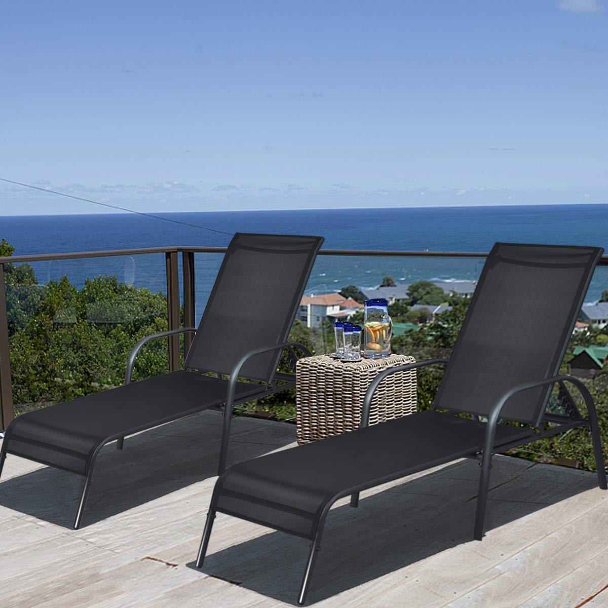 Giantex 2 Pack Patio Lounge Chair, Outdoor Chaise Lounge with 5 Adjustable Backrest, Sturdy Steel Frame, Sunbathing Recliner, Beach Chair, Tanning Chair for Outside, Yard, Balcony, Pool Chairs, Black