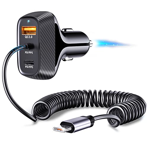 USB C Car Charger, Vocrby 45W Fast Car Charger adapter PD&QC3.0&PPS 3-Port Type C Car Charger with 5.25FT Coiled Cable, Car Charger Compatible with Samsung Galaxy S23 22/Google Pixel/iPhone/LG/Android