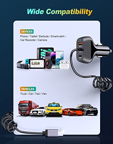 USB C Car Charger, Vocrby 45W Fast Car Charger adapter PD&QC3.0&PPS 3-Port Type C Car Charger with 5.25FT Coiled Cable, Car Charger Compatible with Samsung Galaxy S23 22/Google Pixel/iPhone/LG/Android