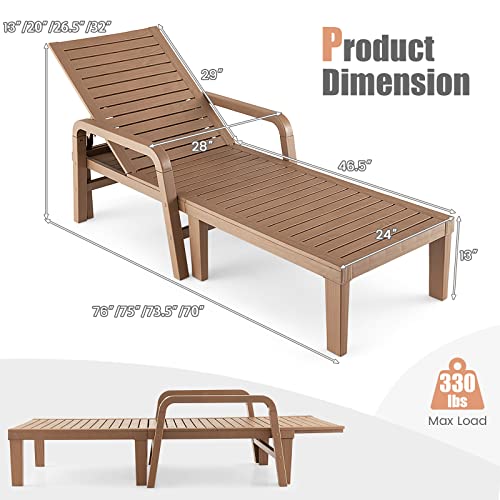 Tangkula Chaise Lounge Chair for Outside, Waterproof PP Patio Lounger with 4-Level Adjustable Backrest and Wood Texture Surface, Outdoor Recliner Chair with Armrests for Poolside Backyard (1, Natural)