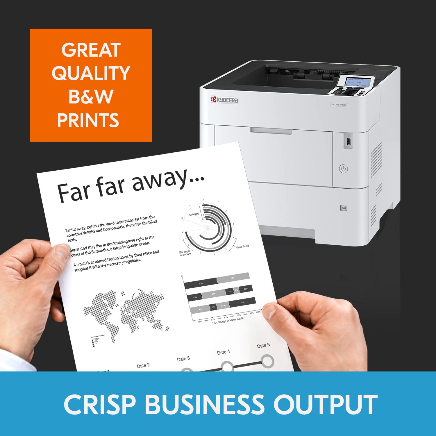 Kyocera ECOSYS PA5500x Monochrome Laser Printer, 57 ppm, 600 x 600 dpi and Up to Fine 1200 dpi, 600 Sheet Tray, 100 Sheet MPT, Duplex, 5 Line LCD w/Hard Key Panel, Gigabit Ethernet, USB, 512 MB