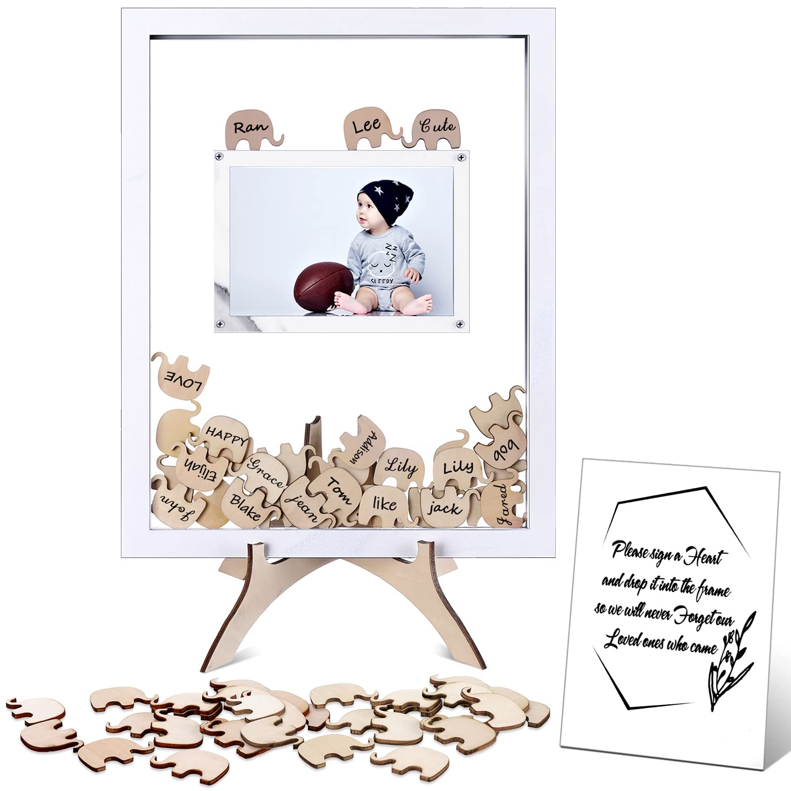 Bucherry Baby Shower Guest Book Alternatives Baby Shower Decor Baby Shower Guestbook Sign Frame with Elephant Sign for Boy Girl Gender Reveal Memory Keepsake Gift Favor, 15 x 12 Inch, White/Clear