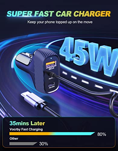 USB C Car Charger, Vocrby 45W Fast Car Charger adapter PD&QC3.0&PPS 3-Port Type C Car Charger with 5.25FT Coiled Cable, Car Charger Compatible with Samsung Galaxy S23 22/Google Pixel/iPhone/LG/Android