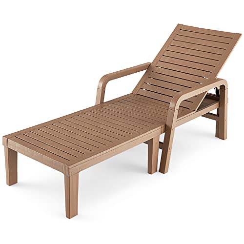 Tangkula Chaise Lounge Chair for Outside, Waterproof PP Patio Lounger with 4-Level Adjustable Backrest and Wood Texture Surface, Outdoor Recliner Chair with Armrests for Poolside Backyard (1, Natural)