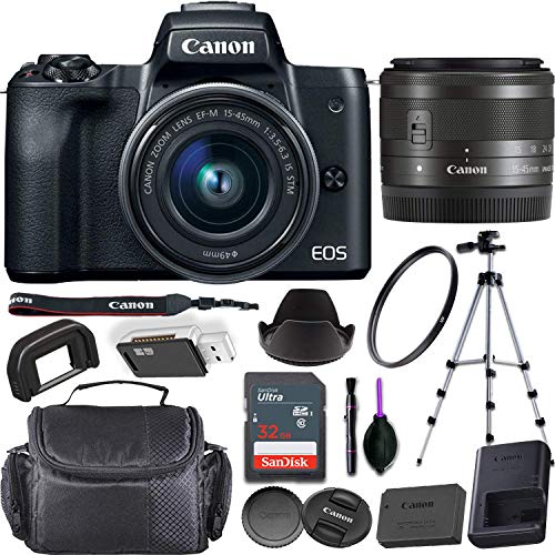 Canon EOS M50 Mirrorless Digital Camera (White) + EF-M 15-45mm f/3.5-6.3 is STM Lens Bundled with Premium Accessories (32GB Memory Card, Padded Equipment Case and More.) (Renewed)