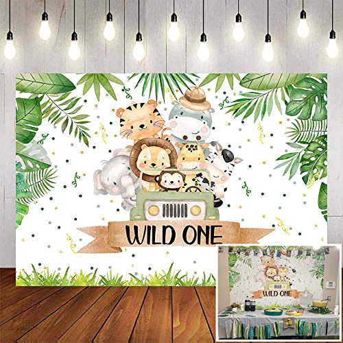 Avezano Wild One Birthday Backdrops Safari Theme First Birthday Party Background Decorations Tropical Jungle Animals 1st Birthday Party Banner Supplies(7x5ft)