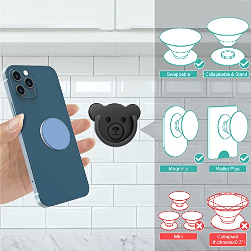 TOPGO Socket Car Mount for Phone Holder Cute Bear Style Silicone Grip Stand with Phone line Clasp for Collapsible Socket User Used on Dashboard, Home, Office, Kitchen, Desk, Wall (Black) 3 Pack
