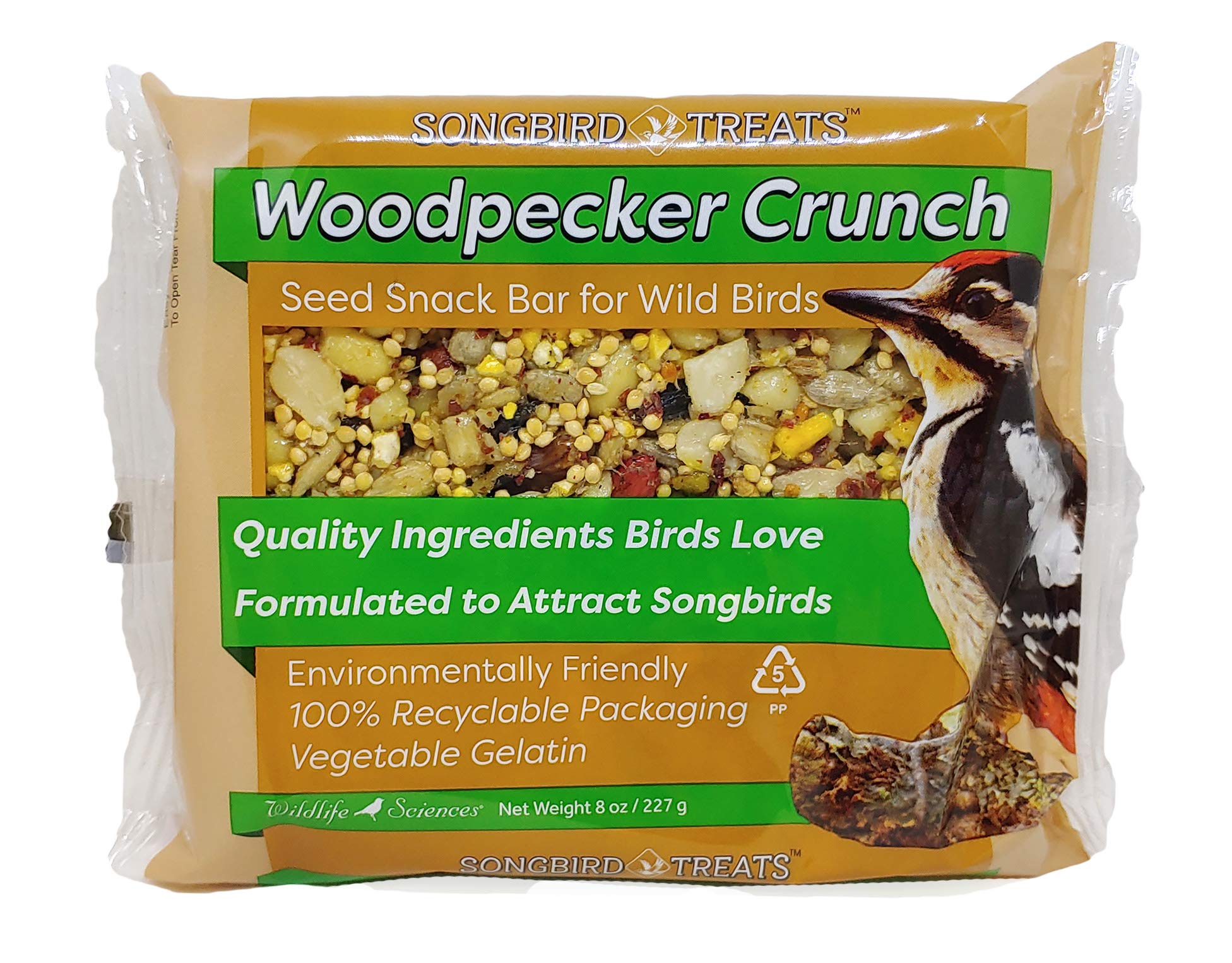 Songbird Treats Seed Bars | 12 Pack of 8 oz Bird Seed Cakes for Wild Birds (Woodpecker Crunch)