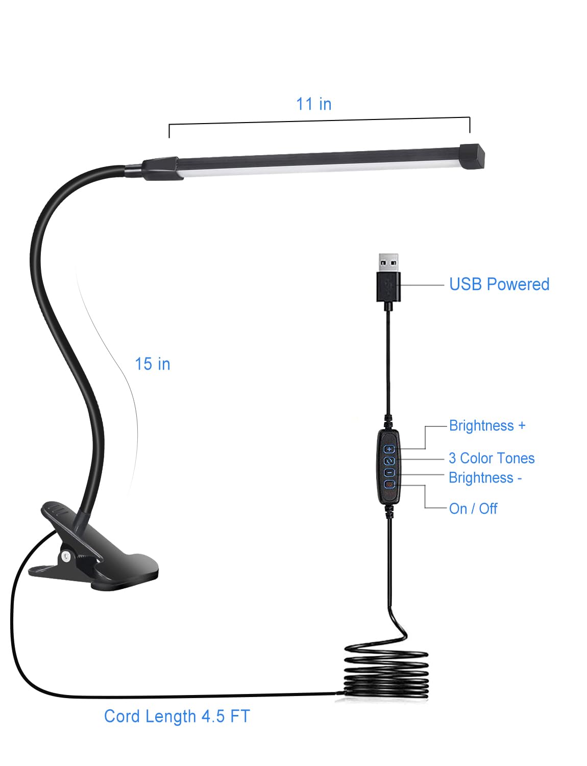 LED Desk Lamp Dimmable Eye Care Reading Light 3 Color Changing 10-Level Brightness Mental Flex Clamp Lamp Clip On Light LED Table Light (Black)
