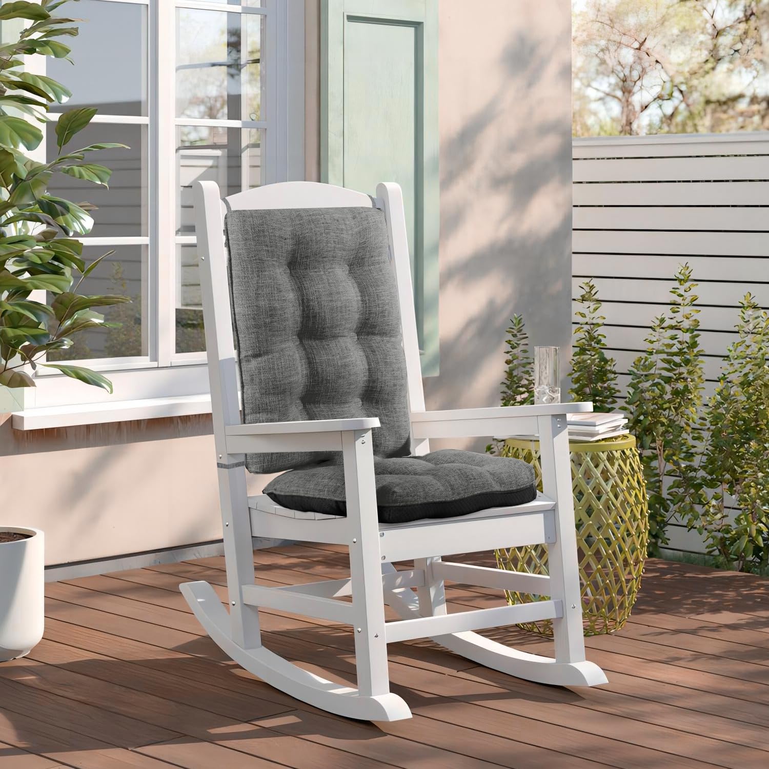 downluxe Indoor/Outdoor Rocking Chair Cushion Set, Tufted Comfortable Cushions for Rocking Chairs with Ties and Non-Slip Backing, Seat 17" x 17" x 3"/Back 21" x 17" x 3", Dark Grey, 2 Piece Set