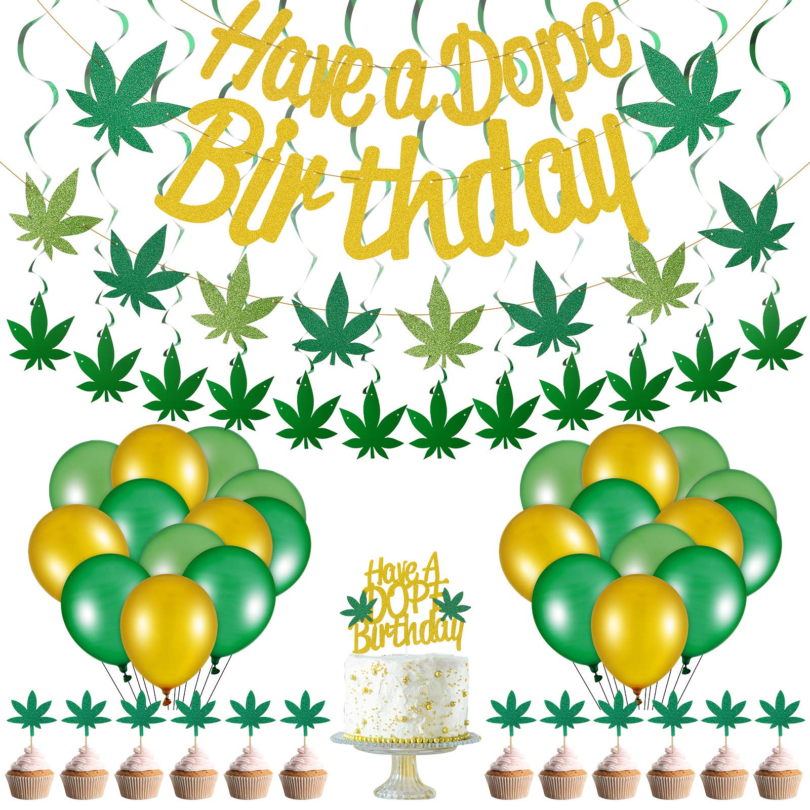 3 Pieces Pot Leaves Birthday Banners Weed Leaves Birthday Decorations, 13 Pieces Pot Leaf Cake Toppers, 12 Pieces Hanging Swirls and 24 Pieces Balloons for Baby Shower Birthday Party Decoration