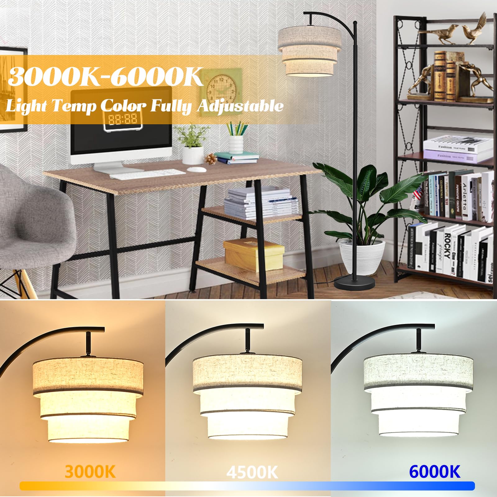 【Upgraded】Remote Control Arc Floor Lamp Stepless Dimmable 3 Color Temperature, Black Tall Pole Lamp, Modern Standing Lamps for Living Room, Bedrooms, Office, Unique 3-Layer Lampshade(Bulb Included)