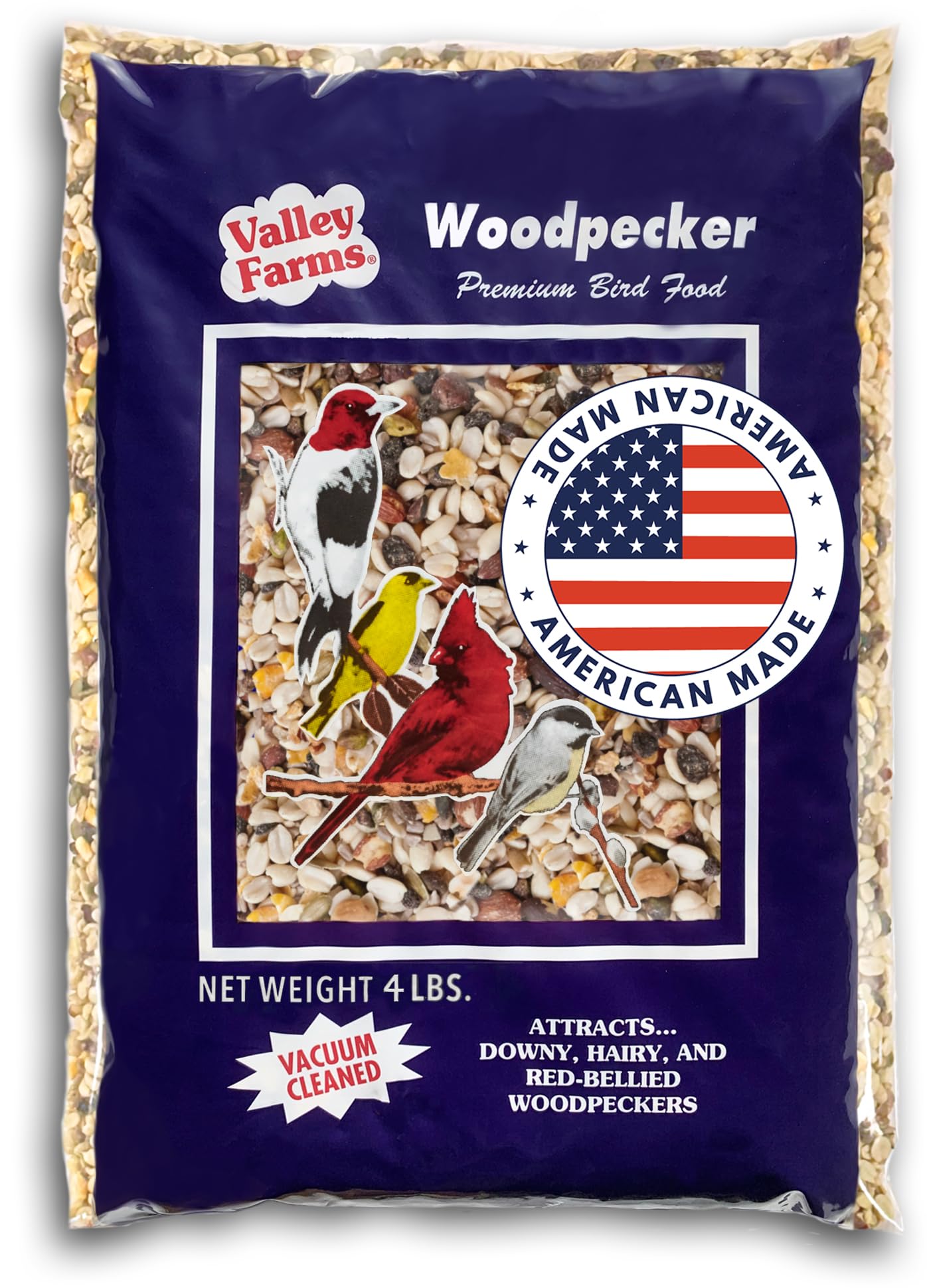 Valley Farms Woodpecker Mix Wild Bird Food, No Mess Bird Seed for Outdoor Feeders, W/Peanuts and Sunflower Hearts for Birds, Woodpecker Food, Attract All Bird Species (4 LBS)
