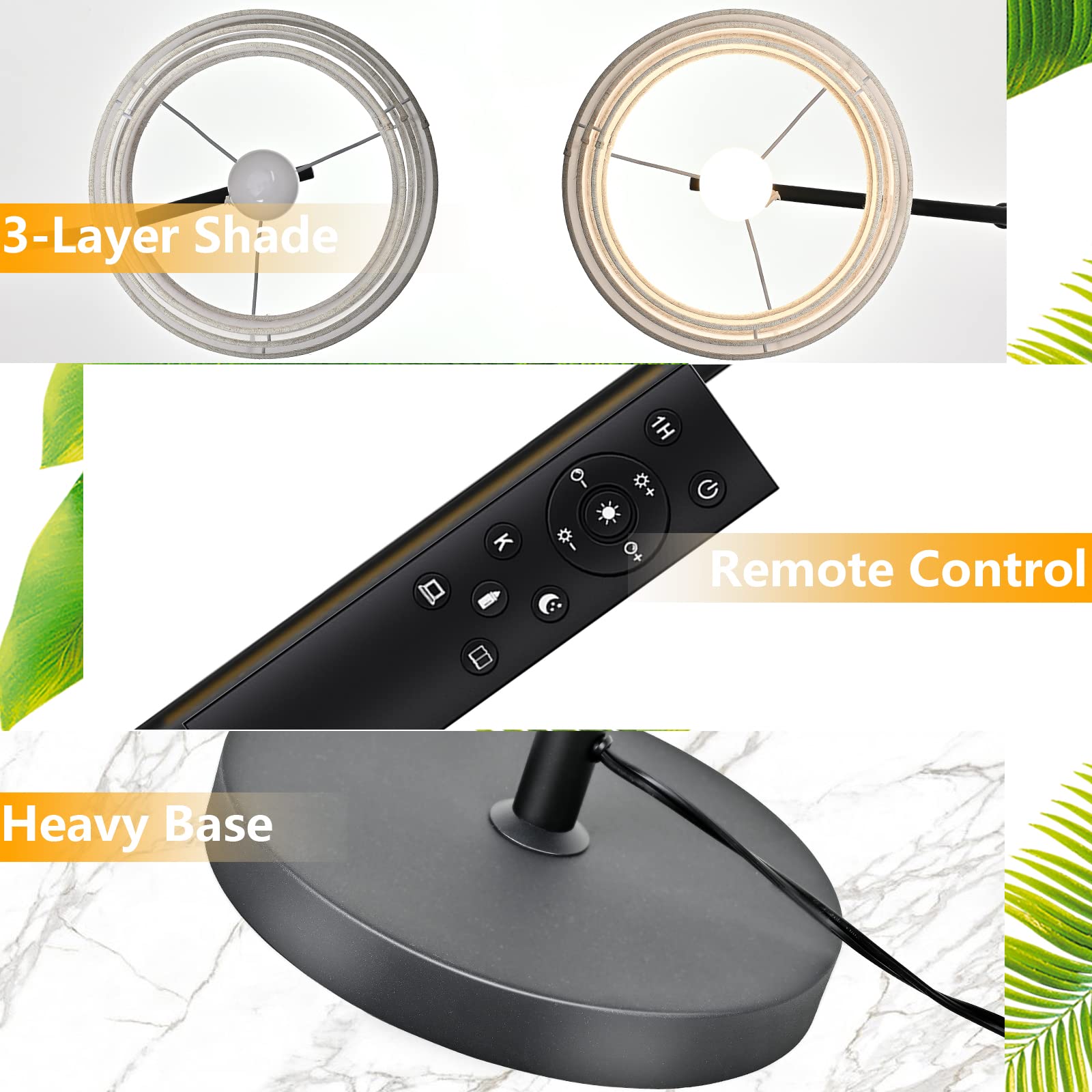 【Upgraded】Remote Control Arc Floor Lamp Stepless Dimmable 3 Color Temperature, Black Tall Pole Lamp, Modern Standing Lamps for Living Room, Bedrooms, Office, Unique 3-Layer Lampshade(Bulb Included)